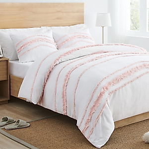 Sweet Jojo Designs Bohemian Boho Chic White and Pink Macrame Tufted Tassel 3 pc. Full / Queen Size Bed Bedding Set Duvet Comforter Cover Sham Blush Textured Minimalist Cotton Fringe Farmhouse Neutral