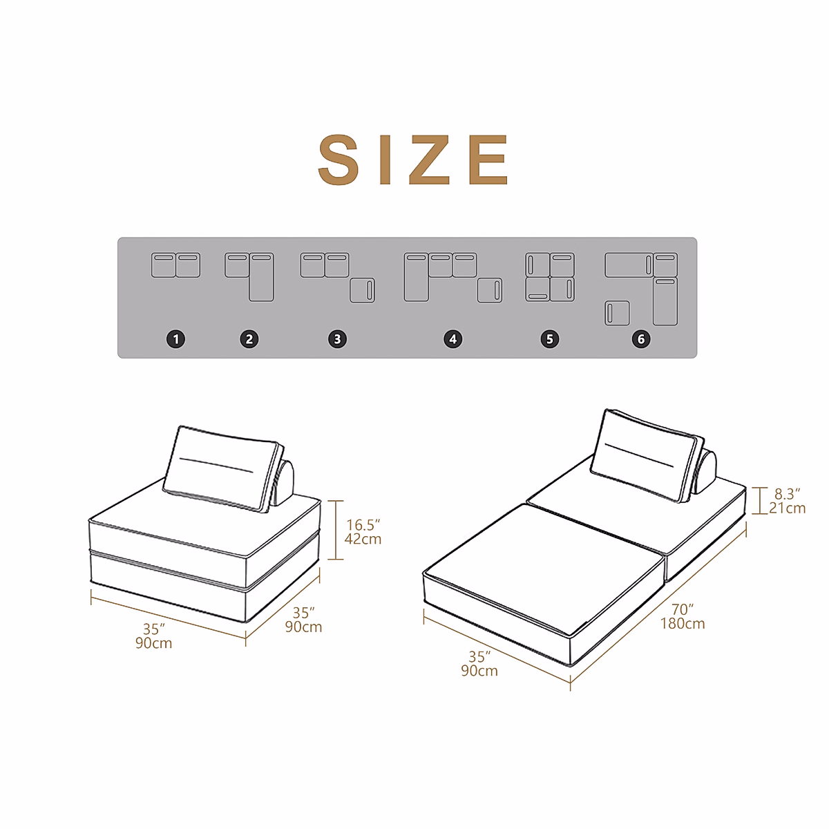 N&V Free Combination Convertible Folding Sofa Bed, Armless Foam Floor Sofa, Sleeper Floor Couch for Living Room and Bedroom Sleeper Chair with Pillow(Brown, 35 * 35 inch)