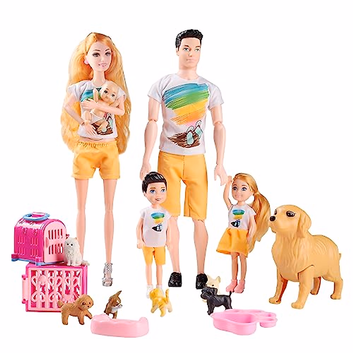 Family Dolls Set of 6 People with Dollhouse Pets Included Pregnant Mom Dad 3 Kids and Baby Boy in Mommy's Tummy, Doll Playsets and Accessories for 3-12 Years Old Toddlers Gift