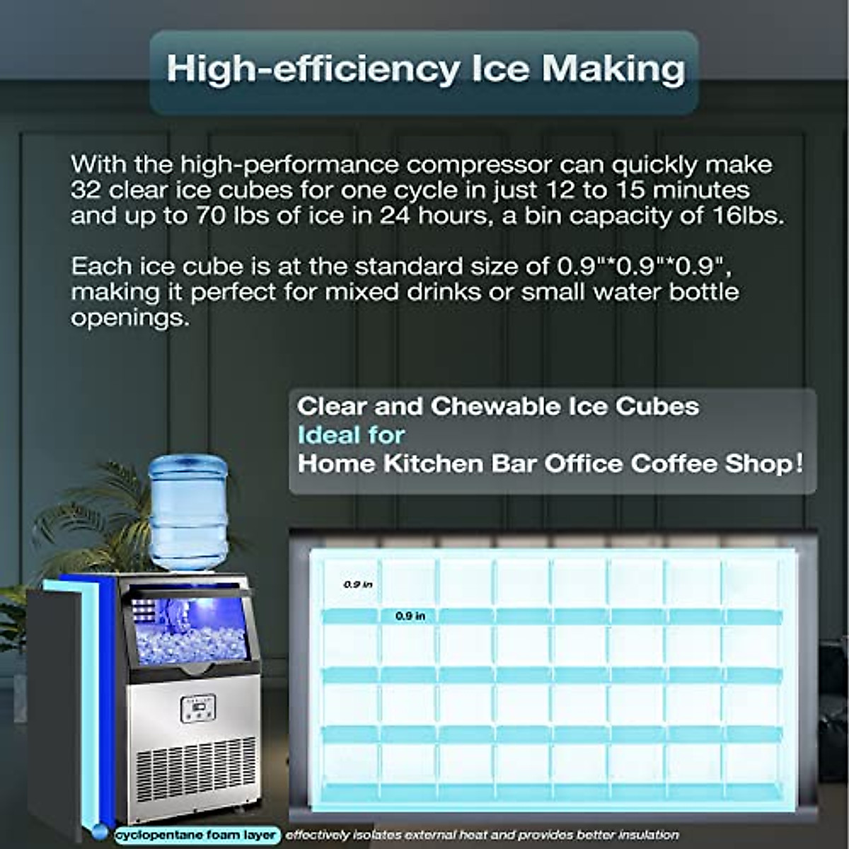 DESENNIE 110V Ice Maker Machine 70LBS/24H | Make a Appointment | Auto Clean | Blue Light | Adjustable Ice Cube | Freestanding Undercounter Countertop for Home Bar Office