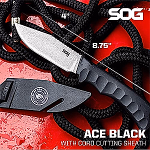 SOG Ace Field Fixed Blade Knife- Full Tang 3.8 Inch Clip Point Blade Survival Knife w/ Cord Cutting Sheath and Easy-Grip Handle (ACE1001-CP), Black