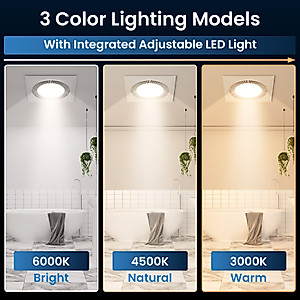 Hon&Guan Bathroom Exhaust Fan with Light, Quiet Square Bathroom Vent Fan with Adjustable LED Light 3000K/4500K/6500K, 110 CFM, 1.0 Sones, Bathroom Fan with Light for Home Bath Hotel