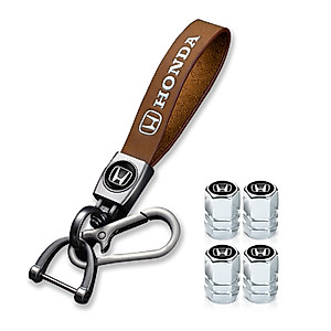 Car Wheel Tire Valve Stem Caps with Genuine Leather Keychain Compatiable with Honda CR-V CRV Pilot EX EX-L Travel Car Logo Keychains car Accessories