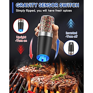 Gravity Electric Pepper and Salt Grinder Set, Adjustable Coarseness, With LED Light, One Hand Automatic Operation, Stainless Steel Black, (2 Pack Black)