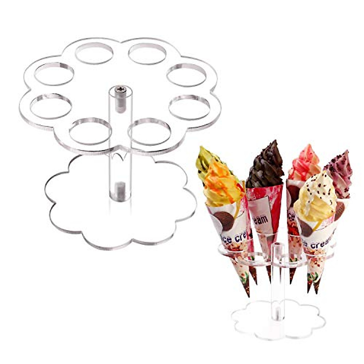 2 Pack Acrylic Ice Cream Cone Holder Stand Clear Cotton Candy Stand Display Mini Waffle Cone Displaying Stand Cupcake Cone Holder for Weddings Baby Showers Birthday Party Anniversaries Decor (8 Hole)