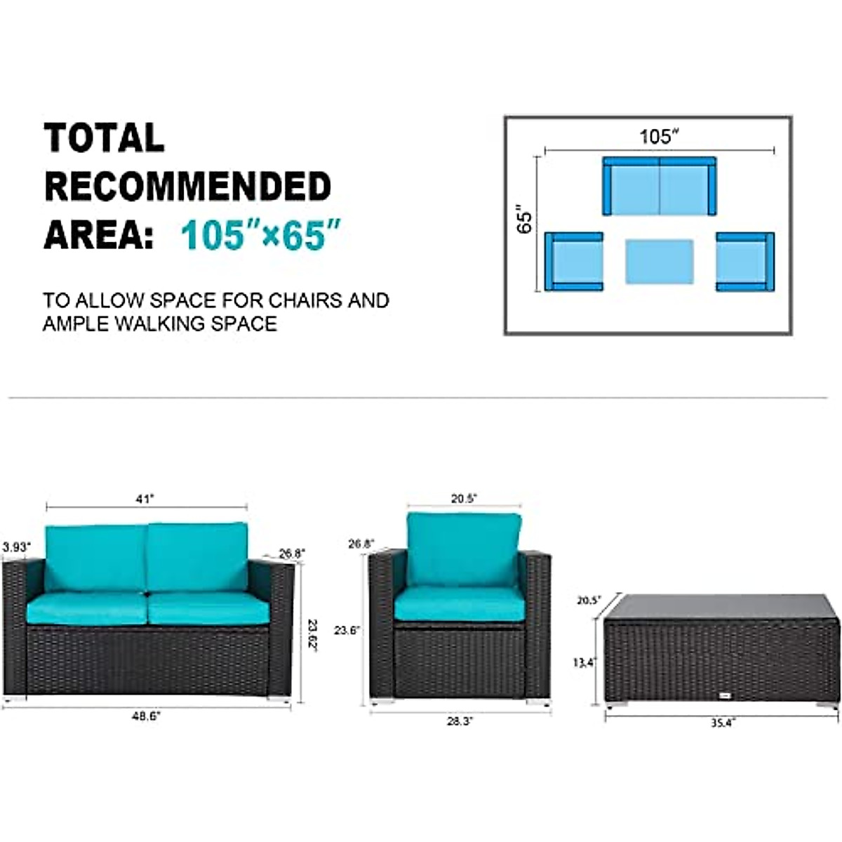 Zurssar 4 Piece Outdoor Patio Furniture Sets PE Rattan Wicker Sectional Sofa Couch Patio Conversation Set with Glass Coffee Table for Backyard Garden Poolside