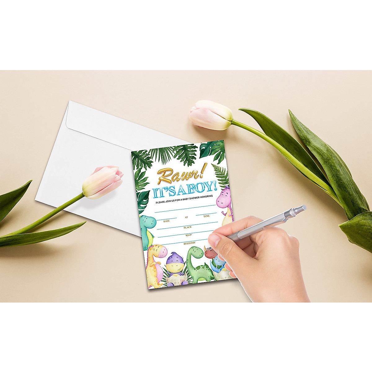 HEZNZXQ Baby Shower Invitations for Boy, Safari Jungle Fill-in Invites, 4x6 Double-sided Cards, 25 Sets with Envelopes