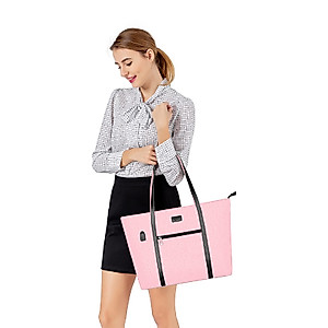 MOSISO USB Port Laptop Tote Bag for Women,Compatible with MacBook, 17-17.3 inch Notebook and Chromebook, Work Travel Business Computer Bag with Small Purse, Pink