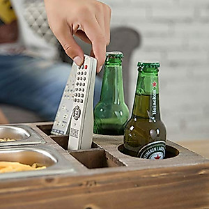 MyGift Rustic Brown Wood Couch Snack Caddy Tray with 2 Drink Cup Holders and 3 Remote Control Holder Slots