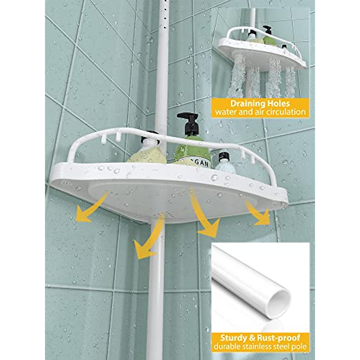 Corner Shower Caddy Tension Pole, Bathroom Organizer Stand Pole with 4 Plastic Baskets, for Bathtub Shampoo Accessories Storage Rake Freestanding, 54 to 114 inch Height, White