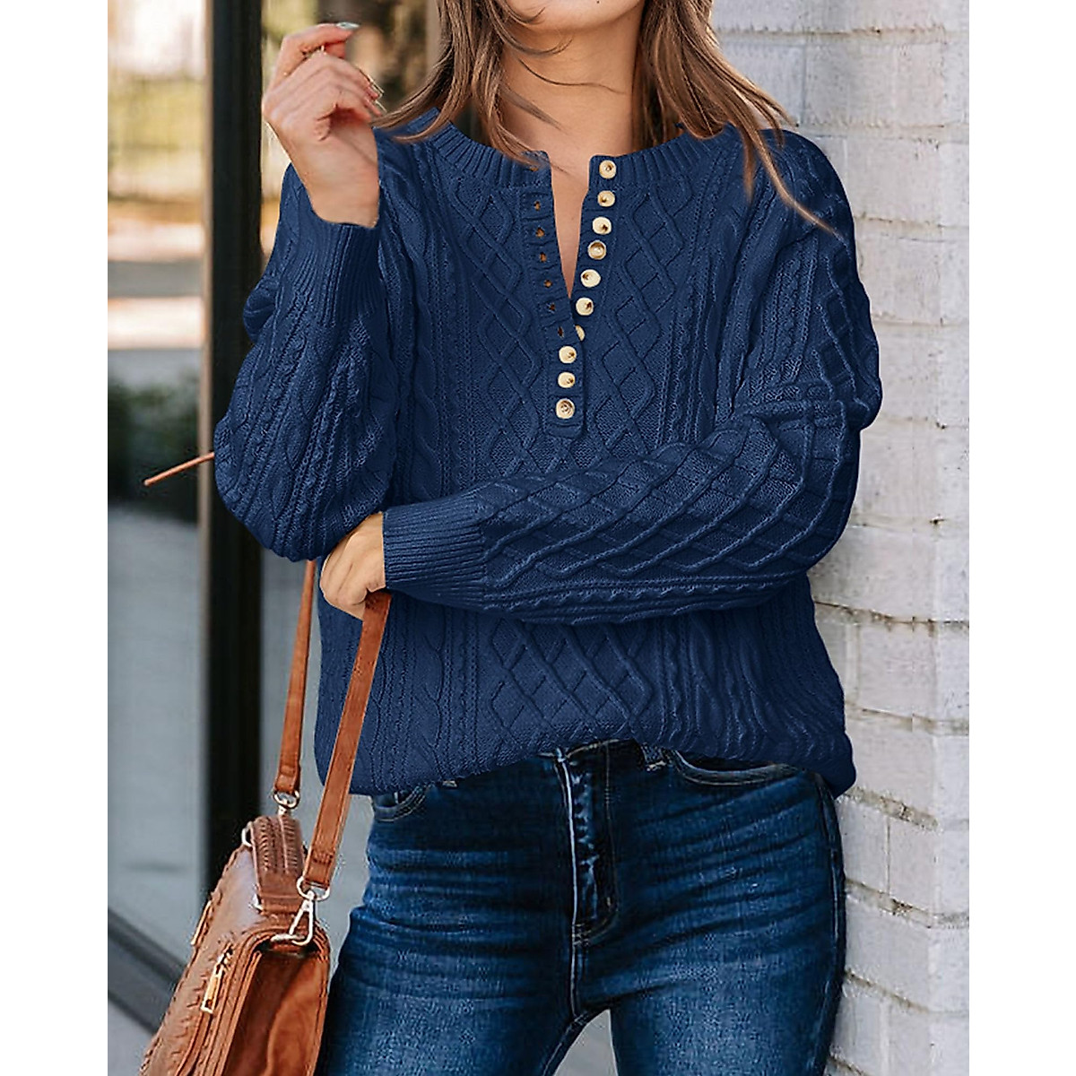 KIRUNDO Womens Sweaters 2024 Fall Winter Henley Long Sleeve Button Crew Neck Cable Knit Loose Cropped Sweater Pullover(Blue, Medium)