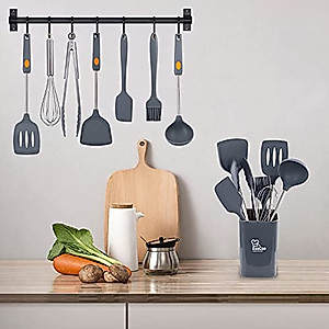 EooCoo Silicone Cooking Utensils Set with Holder, 8Pcs Kitchen Cooking Utensils Set for Nonstick Cookware 446°F Heat-Resistant,Turner Tongs, Spatula, Spoon, Brush, Whisk, Stainless Steel Handle, Gray
