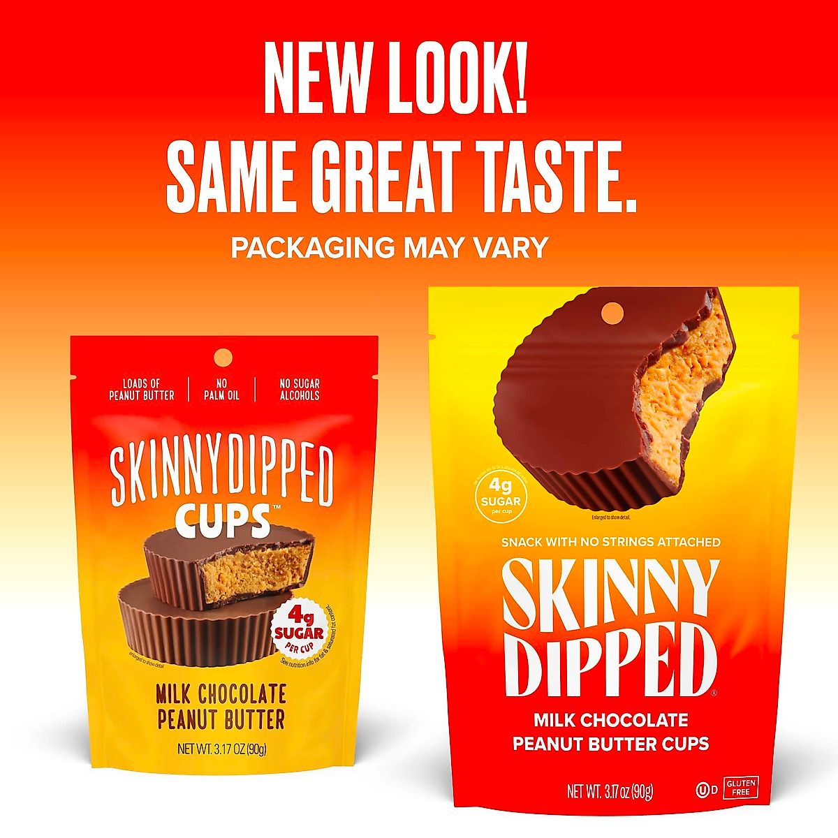 SkinnyDipped Milk Chocolate Peanut Butter Cups, 4g Sugar, Low Sugar, No Palm Oil, Gluten Free, 3.2oz Bag, 4 Pack (24 Cups Total)