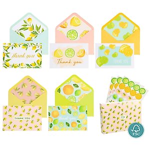VNS Creations Lemon Thank You Cards with Envelopes & Stickers (50 pack, 5 Citrus Designs) - 4x6 Bridal Shower Thank You Cards for Citrus Themed Bridal Shower, Weddings, Kids Birthday, and Baby Shower