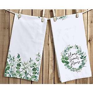 Watercolor Eucalyptus Leaves Home Sweet Home Kitchen Dish Towel 18 x 28 Inch, Summer Greenery Tea Towels Dish Cloth for Cooking Baking Set of 2