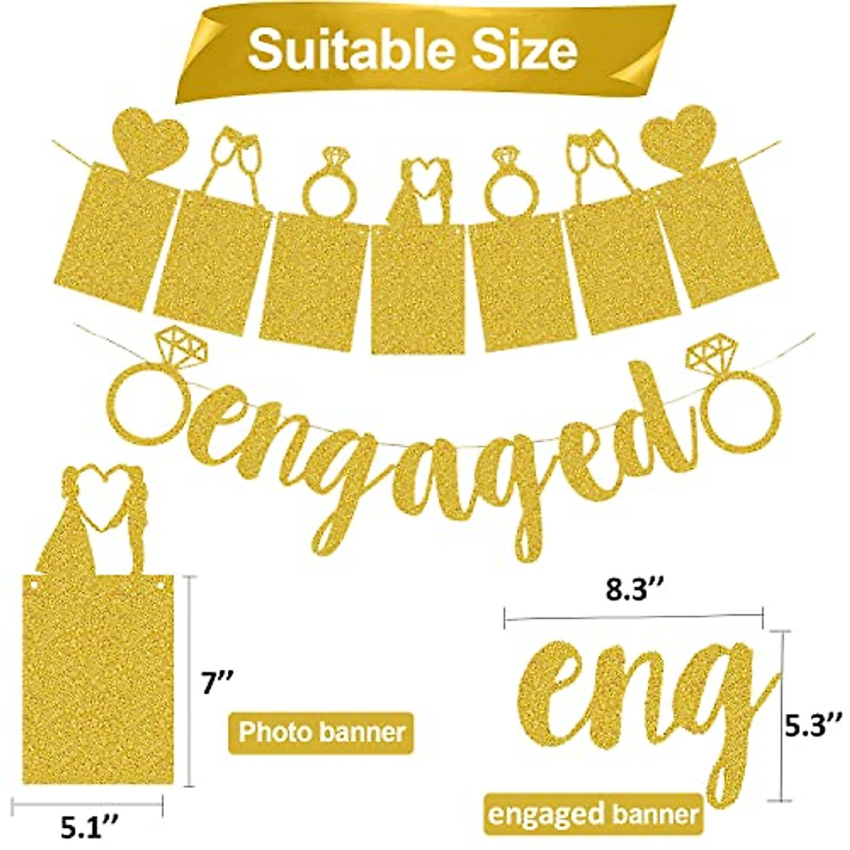 Engagement Party Decorations Gold - Extra-Large Engaged Banner and Photo Banner with Romantic Memories Picture Card Frames for Bridal Shower Sign & Bachelorette Party Favors, Engagement Banner Decor