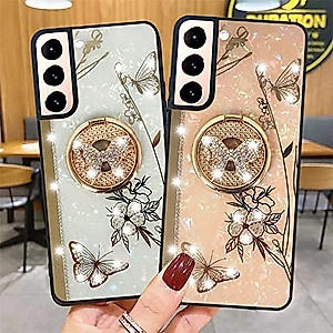 for Samsung Galaxy S21 FE Case for Women with Ring Stand,Glitter Sparkle Pearl Back Cute Butterfly Floral Design,Soft TPU Bumper Bling Diamond Mirror Strip Girly Phone Case for Samsung S21 Fe Pink