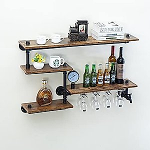 HEONITURE Bar Shelf Industrial Pipe Shelving 4 Stem Glass Holder,39in Floating Wine Rack Wall Mounted Shelves,Hanging Liquor Shelves,Display Rack Home Bar Living Room Black 7.87Dx7.87Wx23.6H''