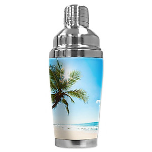 Mugzie 16 Ounce Stainless Steel Cocktail Shaker/Martini Shaker with Wetsuit Cover - Palm Tree and Beach