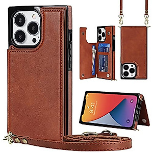 DEFBSC Compatible with iPhone 13 Pro Max Case, Crossbody Wallet Case, Adjustable Detachable Lanyard Neck Strap with Kickstand Leather Card Holder Protective Cover-Brown