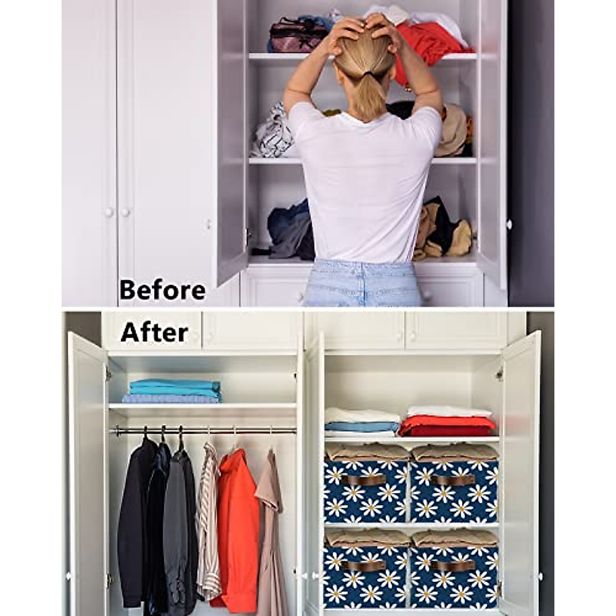 Storage Cubes Organizer with Handles, White Daisy Flowers Storage Bins Fabric Collapsible Storage Baskets for Shelf Closet Nursery Cloth Organizers Box Blue Backdrop 2pcs-15x11x9.5in