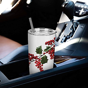 20 Oz Tumbler With Straw Leak Proof Thermos Cup, Holly Berry Branches Stainless Steel Insulated Travel Coffee Mug Fit for Car Cup Holder