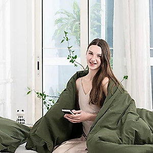 ECOCOTT 3 Pieces Duvet Cover Set Queen 100% Washed Cotton 1 Duvet Cover with Zipper and 2 Pillowcases, Ultra Soft and Easy Care Breathable Cozy Simple Style Bedding Set (Avocado Green)
