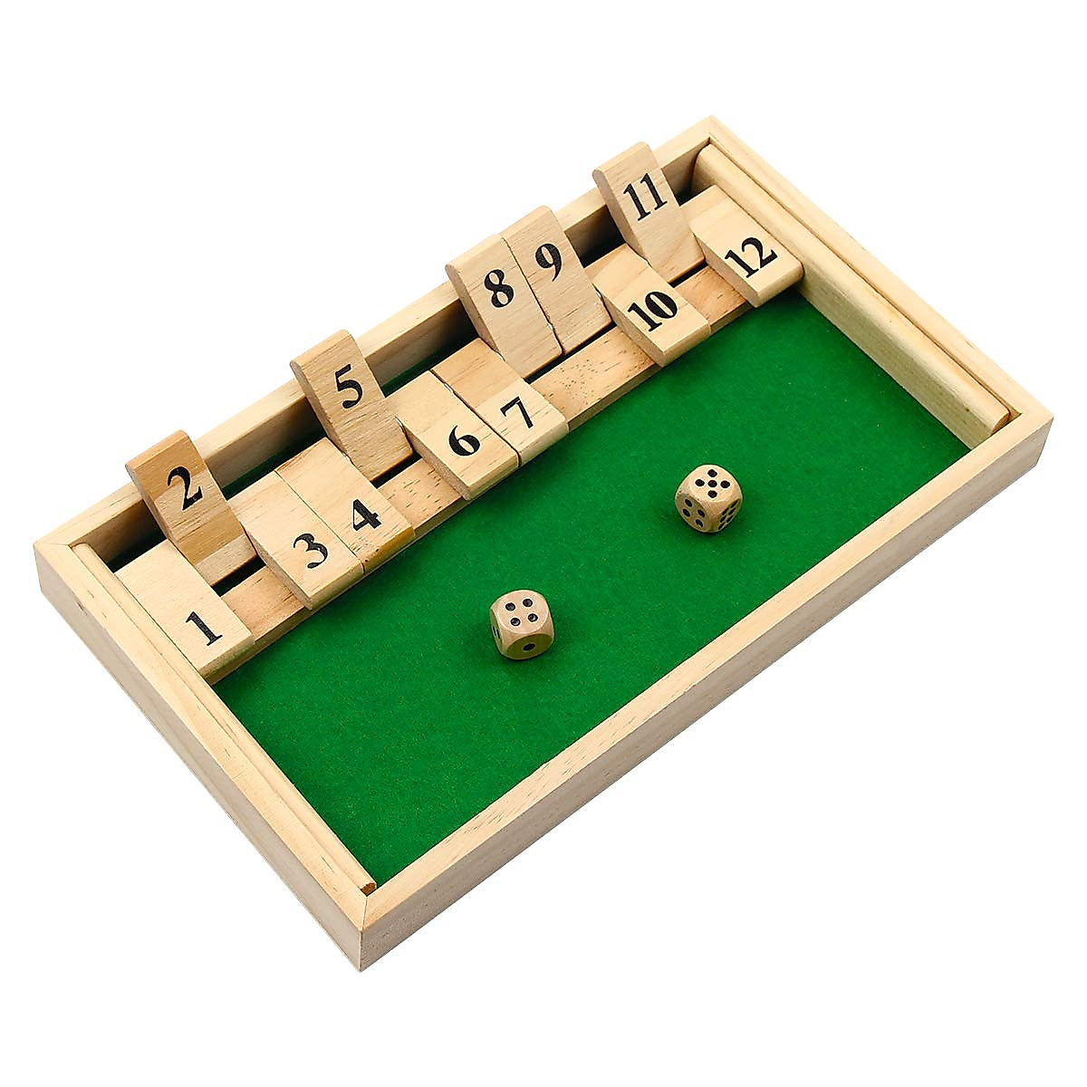 bouti1583 Shut The Box Game Wooden, Classic 12 Number Wooden Set with Dice, Green- Adults and Children