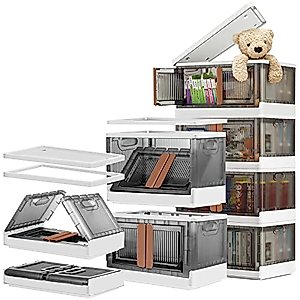 THXIY Storage Bins with Lids, 19 Gal 3 Pack Wheeled Foldable Storage Bins, Stackable plastic storage bins with lids Storage Containers for Organizing, clear storage bins for Organization White
