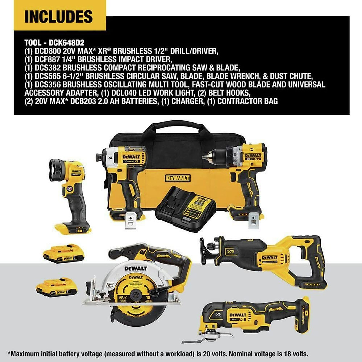 DEWALT 20V MAX* XR Cordless Combo Kit (6-Tool) with (2) Ah Batteries and Charger (DCK648D2)