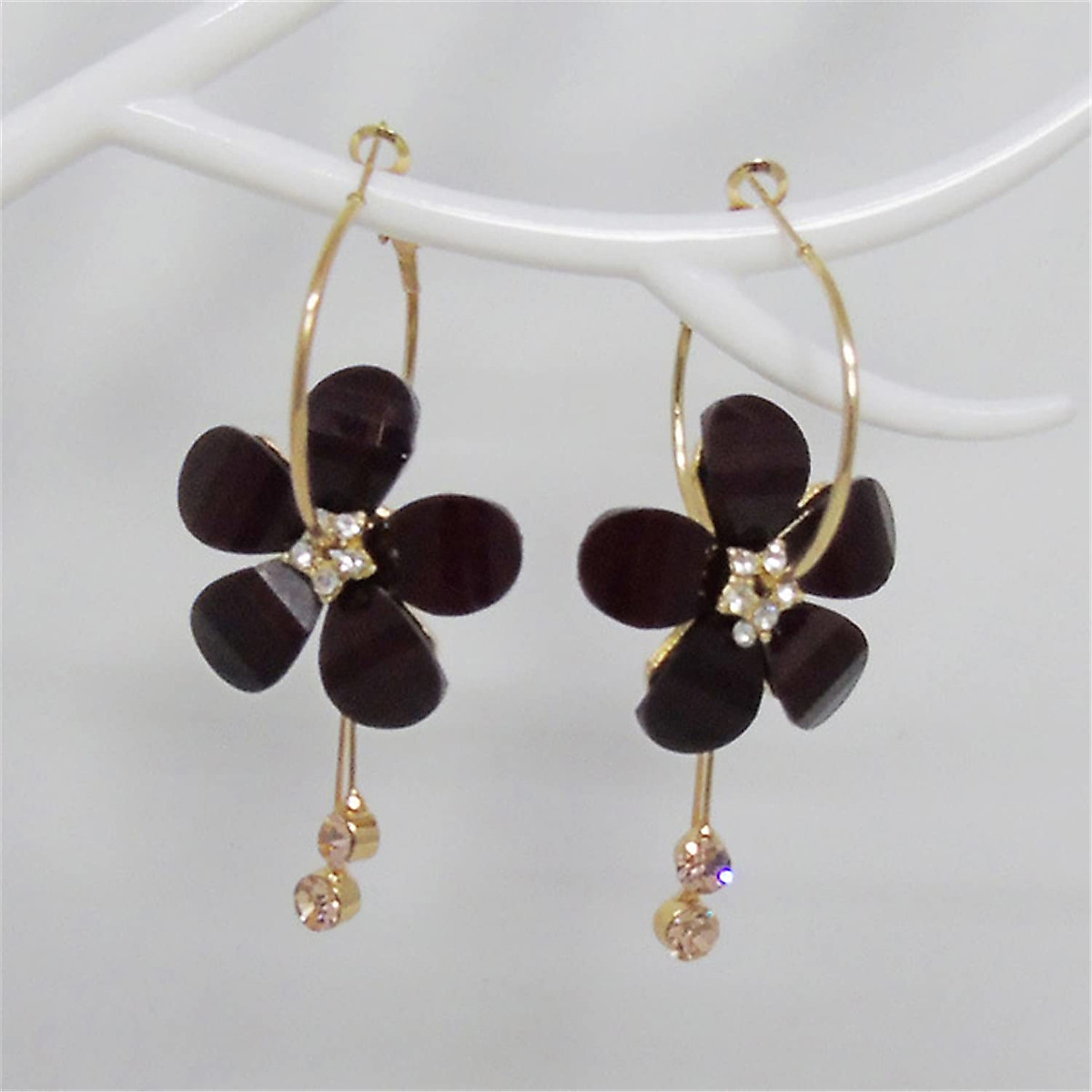 ANDPAI Elegant Romantic Bohemian Crystal Acrylic Rose Flower Dangle Drop Earrings Five Leaves Exaggerated Round Hoop long Tassel Earring for Women Statement Jewelry Gifts (Black)