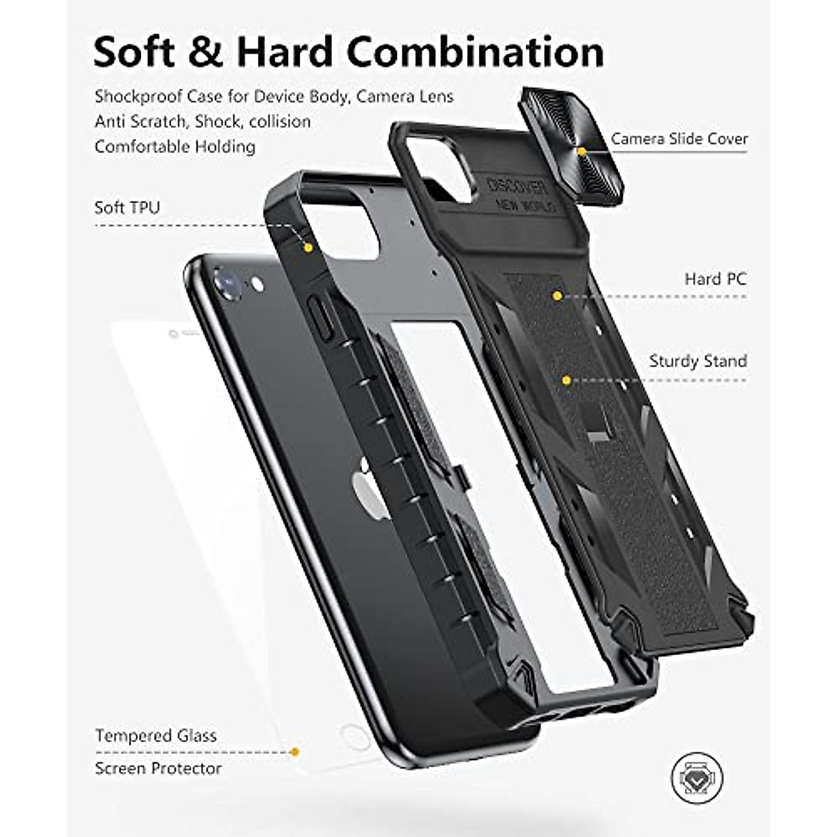 SOiOS for iPhone SE 2022 Phone Case: iPhone SE 2020 / 2nd / 3rd / 8/7 / 6s / 6 Case with Kickstand - Heavy Duty Military Grade Drop Protection Phone Cover - Rugged Protective Shockproof Bumper Black