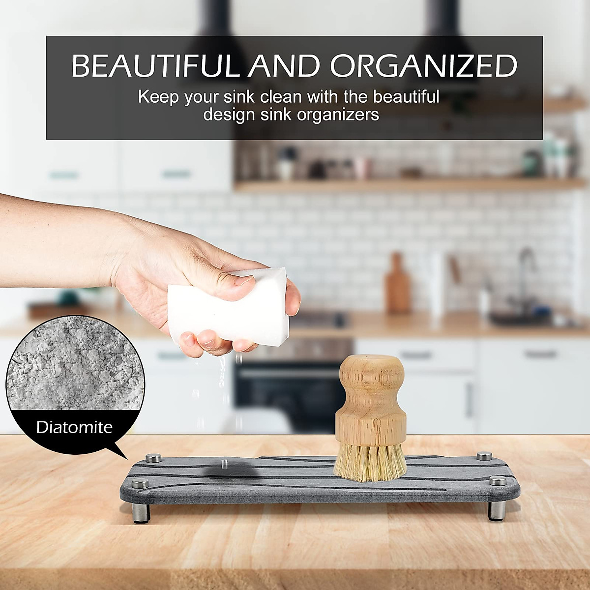 2 Pack Instant Dry Sink Organizer for Bathroom & Kitchen,Spaceaid，Diatomaceous Pedestal Stand Riser with Stainless Steel Feet Protection, counter caddy(Grey)