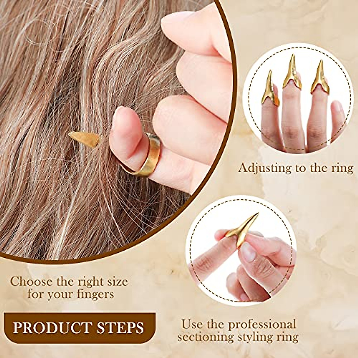 9 Pieces Metal Hair Parting Rings and pinky Selecting Tools Retro Nail Finger with Steel Comb Pointed Styling Combs for Hair stitch Braiding Curling Extension Halloween Cosplay(Gold, Silver)