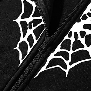 Y2K Hoodies for Women Full Zip Up Print Graphic Pockets Hooded Jacket 90s Long Sleeve Sweatshirt with Hood Grunge Harajuku Streetwear Punk Goth Fall Halloween windbreaker Spider Web Heart Black