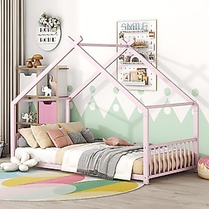 KTATK Metal Twin Size House Bed with Roof and Slats Support,Playhouse Design Montessori Floor Bed Frame W/Headboard & Footboard,No Box Spring Needed,for Kids Girls Boys,Pink