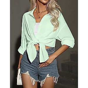HOTOUCH Button Up Shirts for Women Long Sleeve Loose Collar Shirt Soft Boyfriend Blouses with Pockets Light Green XL