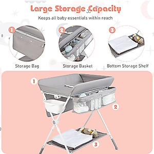 BABY JOY Portable Baby Changing Table, Foldable Diaper Changing Station w/Wheels, Adjustable Height, Large Storage Rack, Water Basin, Safety Belt, Mobile Nursery Organizer for Newborn Infant (Gray)