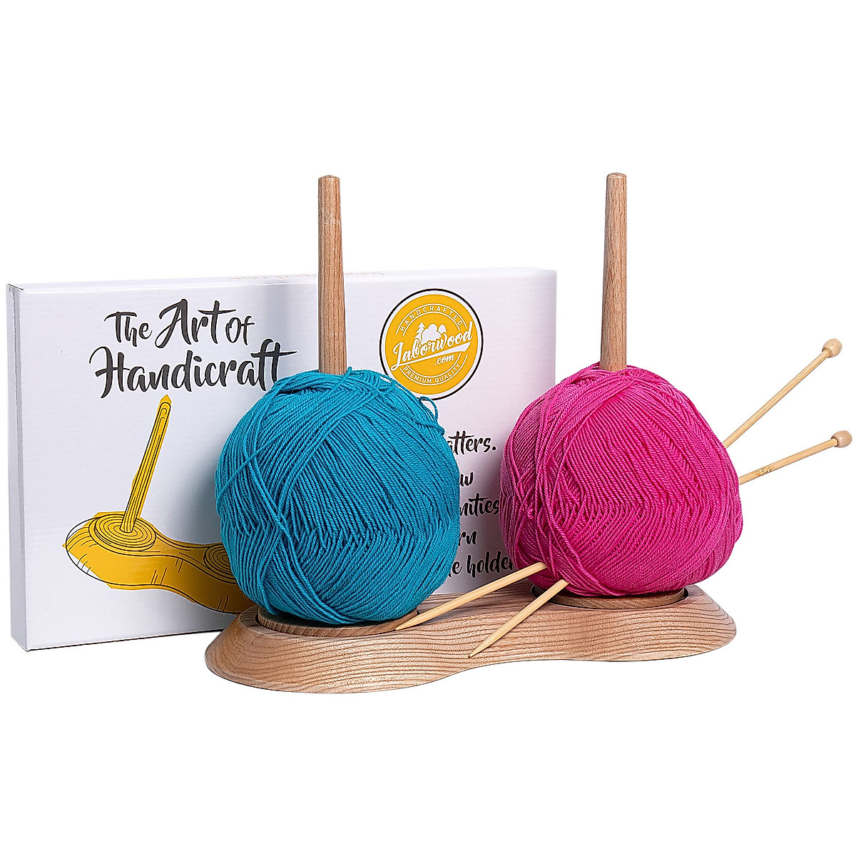 LABORWOOD Wooden Yarn Double Holder 6x13x11 with 2 Spindles Knit Smooth Twirling Mechanism Spinning Winder Separator Stable Storage Dispenser for Crochet Knitting Gift Accessories Chrocheting(Apricot)