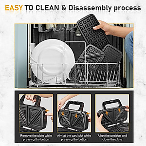 Metine Waffle Makers, 3-in-1 Waffle Iron Panini Press Sandwich Maker with Removable Plates, 5-gears Temperature Control Non Stick Coating Cool Touch Handle Anti-skid Feet for Breakfast 1200W 120V