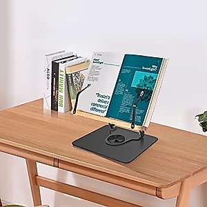 wishacc Book Stand for Reading, 360° Rotating Base & Page Clips, Adjustable Rotating Foldable Bamboo Reading Stand