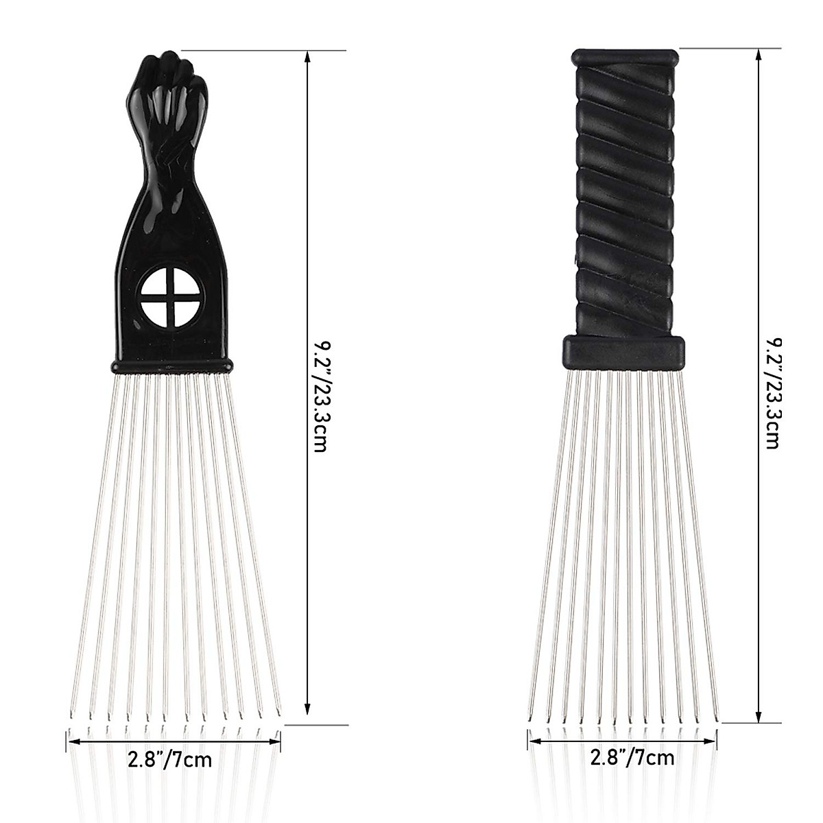 Folansy Afro Comb Metal African American Pick Comb Hairdressing Styling Tool, 2 Pack (Black-4, 2piece Assortment, Wide Teeth, Classic Black Fist Design, For Curly Hair and Afro Hairstyle)