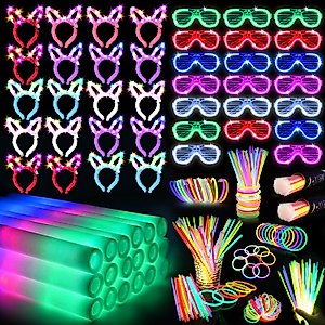 SHQDD 260PCS Glow in the Dark Party Supplies, Glow Sticks Glasses Favors, 20PCS Foam Glow Sticks, 20PCS LED Glasses, 20PCS Bunny Ear Headband and 200PCS Glow Sticks for Neon Party for Kids or Adults