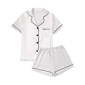 LYANER Women's Satin Pajamas Set Short Sleeve Button Shirt Silky Sleepwear With Shorts Set PJ White Medium