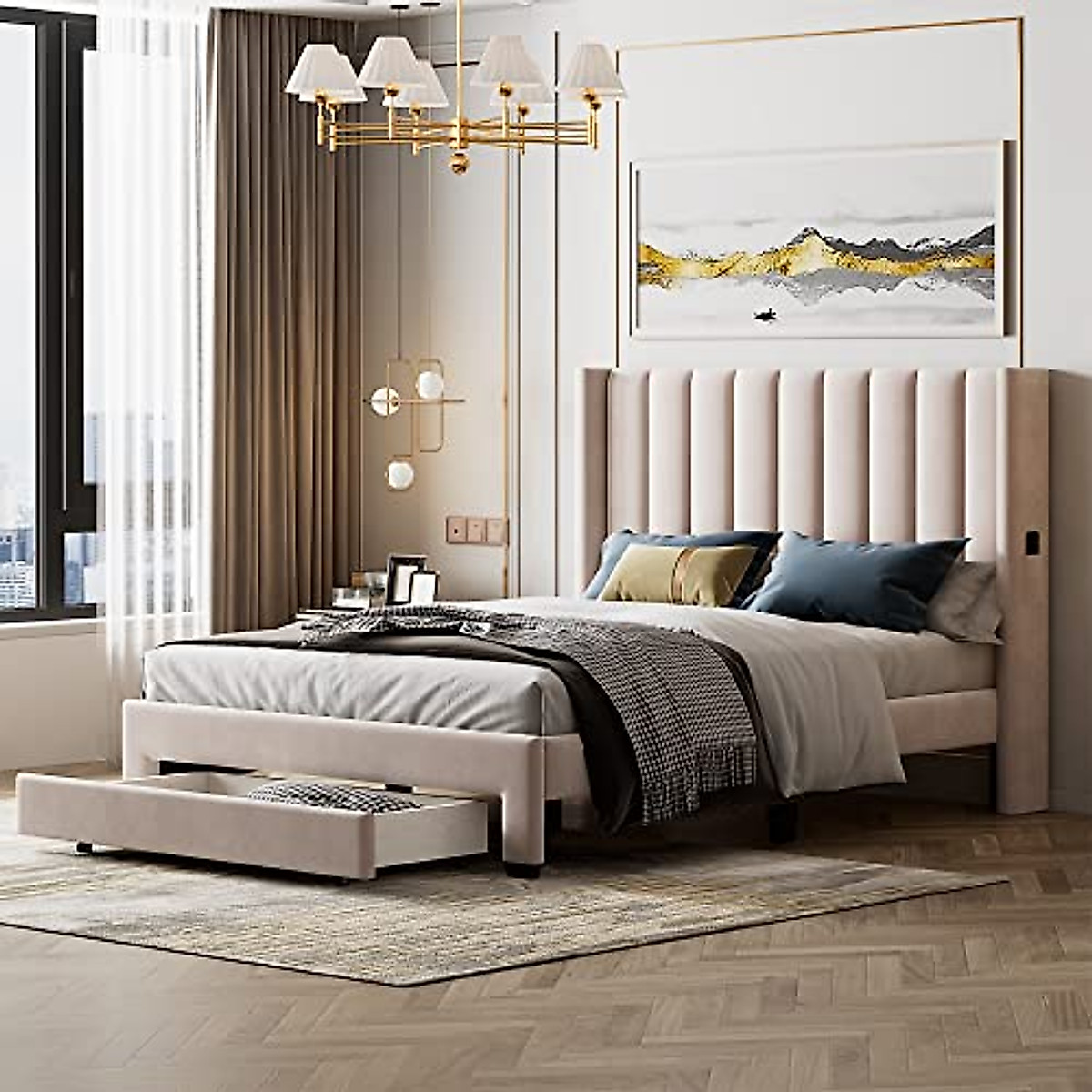 Prohon Queen Bed Frame with Wingback Headboard and A Big Storage Drawers on Endbed, Velvet Upholstered Platform Bed w/Wood Slats Support Mattress Foundation,No Box Spring Needed,Easy to Install,Beige