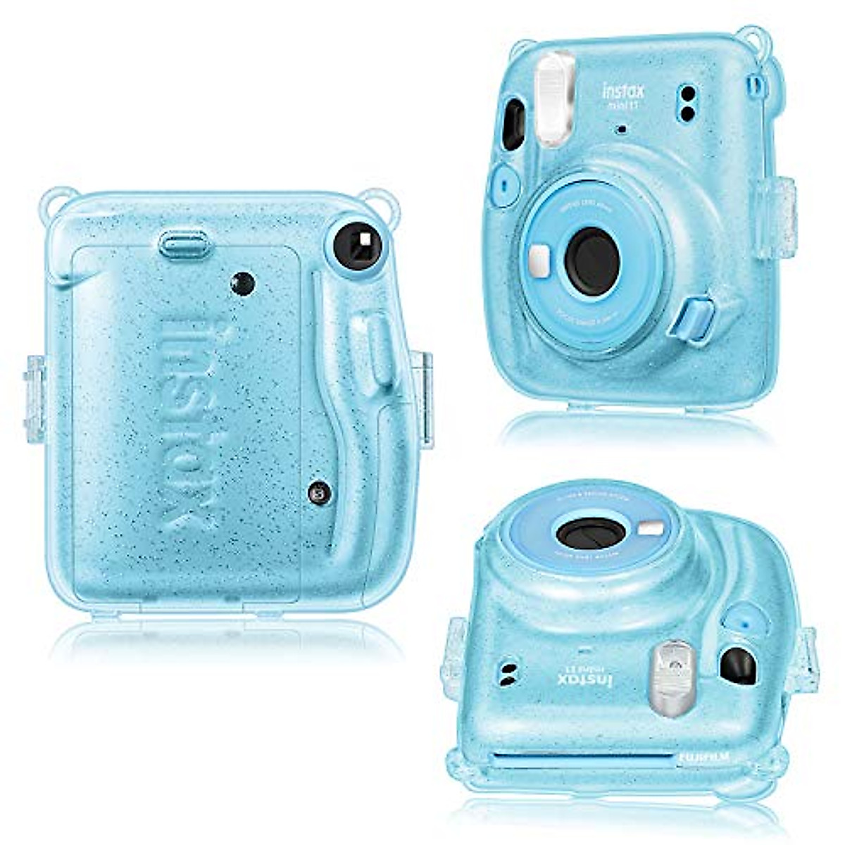 Fintie Protective Clear Case for Fujifilm Instax Mini 11 Instant Film Camera - Crystal Hard Shell Cover with Removable Rainbow Shoulder Strap, Glittering Blue