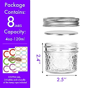Mini Mason Jars, 8 Pack 4oz Glass Mason Jar with Regular Lids, Small Canning Jar, Ideal for Jelly, Jam, Honey, Dessert, Spice, Wedding Favor, Candles