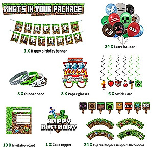 Pixel Style Gamer Birthday Party Supplies for Game Fans, 106 Pcs Miner Theme Birthday Party Decorations for Boys - Banner, Cake and Cupcake Toppers, Cupcake Wrappers, Balloons, Bracelets, Paper Glasses, Hanging Swirls, Invitation Cards.