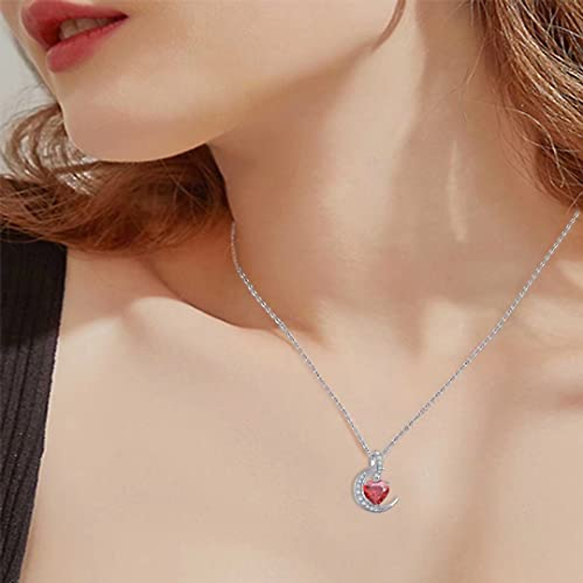 Qings Garnet January Birthstone Necklace - Red Heart Necklaces Crescent Moon S925 Family Birthstones Jewelry for Women Daughter