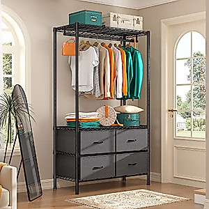 Raybee Clothes Rack, Clothing Racks for Hanging Clothes Rack Heavy Duty Clothing Rack Adjustable Clothes Racks for Hanging Clothes Metal Wire Garment Rack with 4 Fabric Drawers Portable Closet,Black